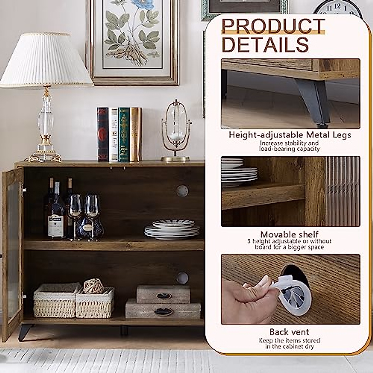 worldchoice Sideboard Buffet Cabinet 63" Wine Bar Cabinet with 4 Drawers & 2 Tempered Glass Doors Coffee Bar Cabinet Console Cabinet with Adjustable Shelf for Living Room Dining Room Kitchen, Brown