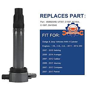 4606824AB Ignition Coils for 1.8L 2.0L 2.4L Dodge & Jeep, Avenger Caliber Journey, Compass Patriot, Chrysler 200 Sebring, Replaces UF557, C1587, 5C1644, C-1587, GN10346 4 packs