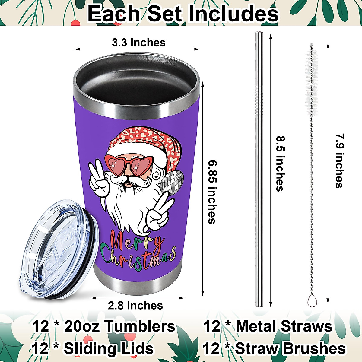 Paoren 12 Pcs 20 oz Christmas Tumblers Set, Christmas Tumbler Travel Coffee Cups Mugs Bulk Stainless Steel Vacuum Insulated Tumbler Gifts for Xmas Holiday Birthday New Year, Purple