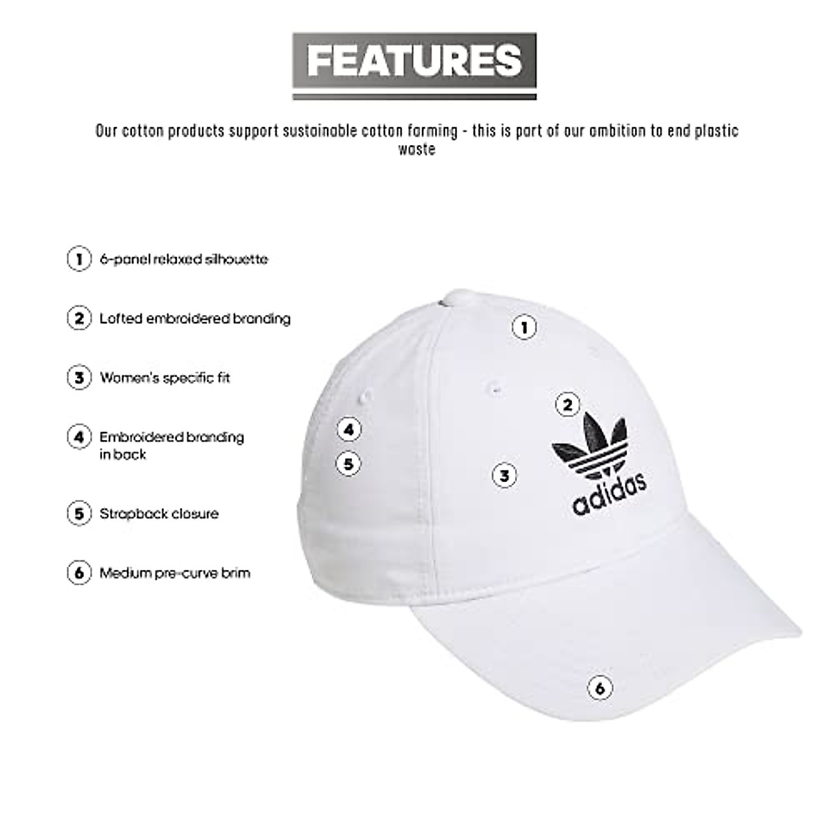 adidas Originals Women's Relaxed Fit Adjustable Strapback Cap, White/Black, One Size