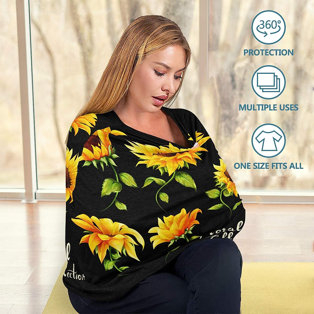 Nursing Cover Breastfeeding Scarf Sunflowers Floral Black- Baby Car Seat Covers, Stroller Cover, Carseat Canopy (r)