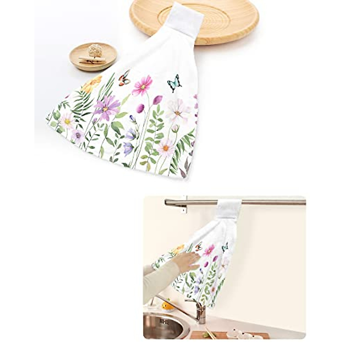 Spring Blossom Flowers and Butterfly Hanging Kitchen Towels Soft Absorbent Hand Tie Towels Set with Hook&Loop,Botanical Plants on White Tea Bar Dish Cloths Towel for Bathroom Laundry Room BBQ,2pc