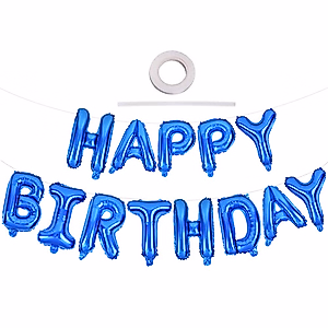 TONIFUL Blue Happy Birthday Balloons 16 Inch Mylar Foil Letters Birthday Sign Banner Balloon Bunting Reusable for Girls Boys Kids & Adults Birthday Decorations and Party Supplies