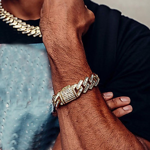 TOPGRILLZ 12mm/18mm Baguette Diamond Miami Cuban Link Bracelet for Men Women 6 Times 14K Gold Plated Solid CZ Jewelry Double Spring Clasp Gifts (18mm Gold, 8)