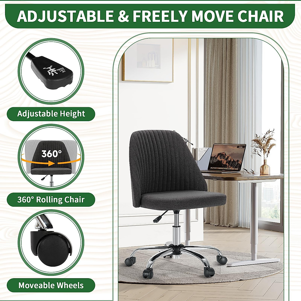 Armless Desk Chair with Comfortable Fabric Cover,Modern Home Office Chairs with Swivel Wheels for Computer Task Chairs Cute Vanity Chairs Adjustable Height for Living Room,Bed Room,Conference Office
