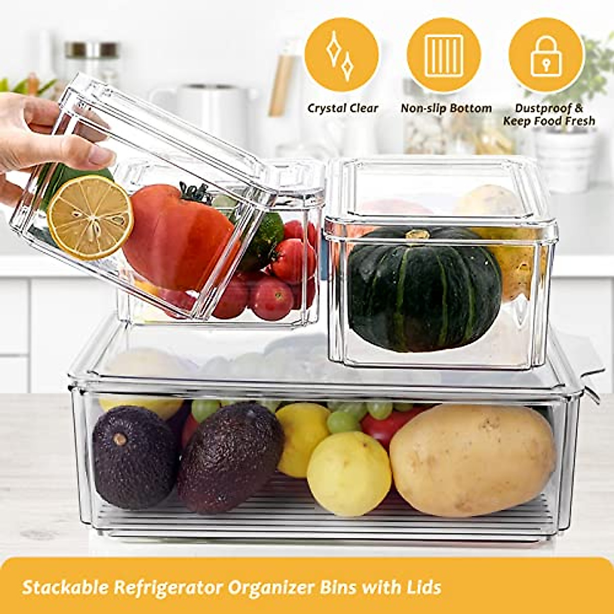 ZNM Refrigerator Organizer Bins, Stackable Fridge Organizer for Pantry Organization, Clear Plastic Storage Bins with Handle & Lid for Freezer, Kitchen, Countertops, Cabinets- BPA Free(Set of 9)