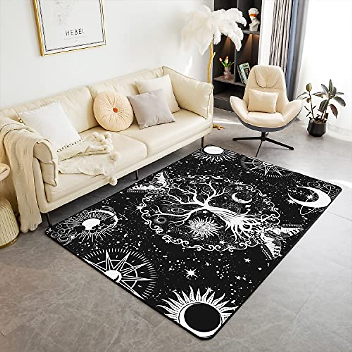 Erosebridal Tree of Life Area Rug,Psychedelic Mystic Stars Space Rug 5x7,Gothic Moth Butterfly Black White Boho Style Living Room Rugs,3D Printed Constellations Accent Rug Set