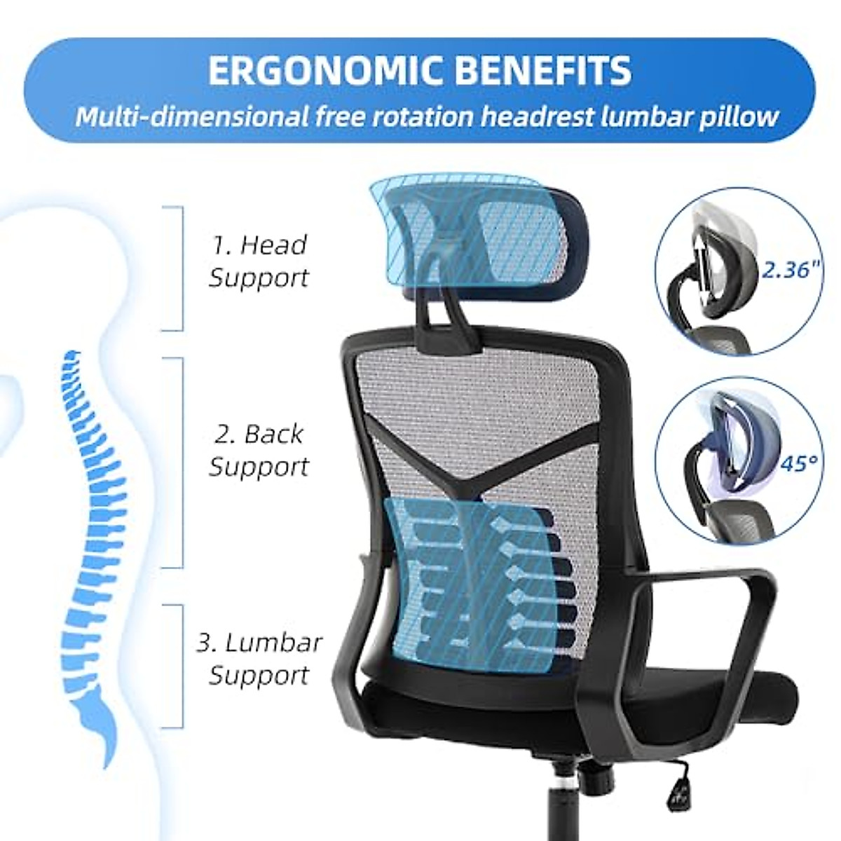 EnjoySeating Office Chair, Adjustable Desk Chair, Rebound Seat Cushion, 2D Big Curved Headrest, Breathable Mesh High Back, Comfortable Lumbar Support, Rocking Relaxation Function, Black