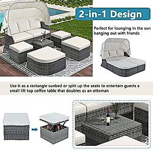 GODAFA Sunbed 6-Piece Outdoor Patio Furniture Set, All-Weather PE Rattan Conversation Sectional Sofa, Dining Table, Chair, and Bench with Cushions for Backyard Porch Poolside, Beige