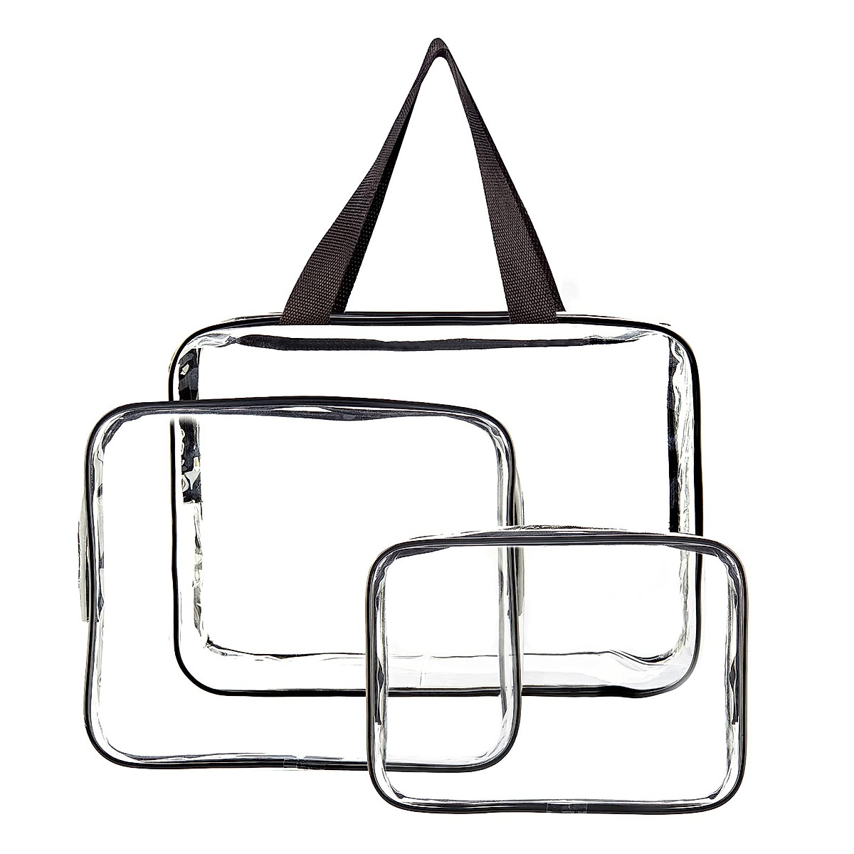 NATURAL STYLE 3 Pieces Clear Makeup Cosmetic Bags for Travel, TSA Approved Clear Toiletry Bag Set with Zipper, Waterproof Transparent PVC Packing Cubes Organizer Storage Bag (Black)