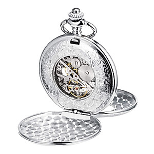 TREEWETO Antique Mens Pocket Watch Skeleton Mechanical Half Hunter Silver Case Roman Numerals