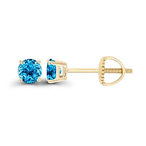 Solid 14K Yellow Gold 4mm Round Natural Swiss Blue Topaz December Birthstone Screwback Stud Earrings