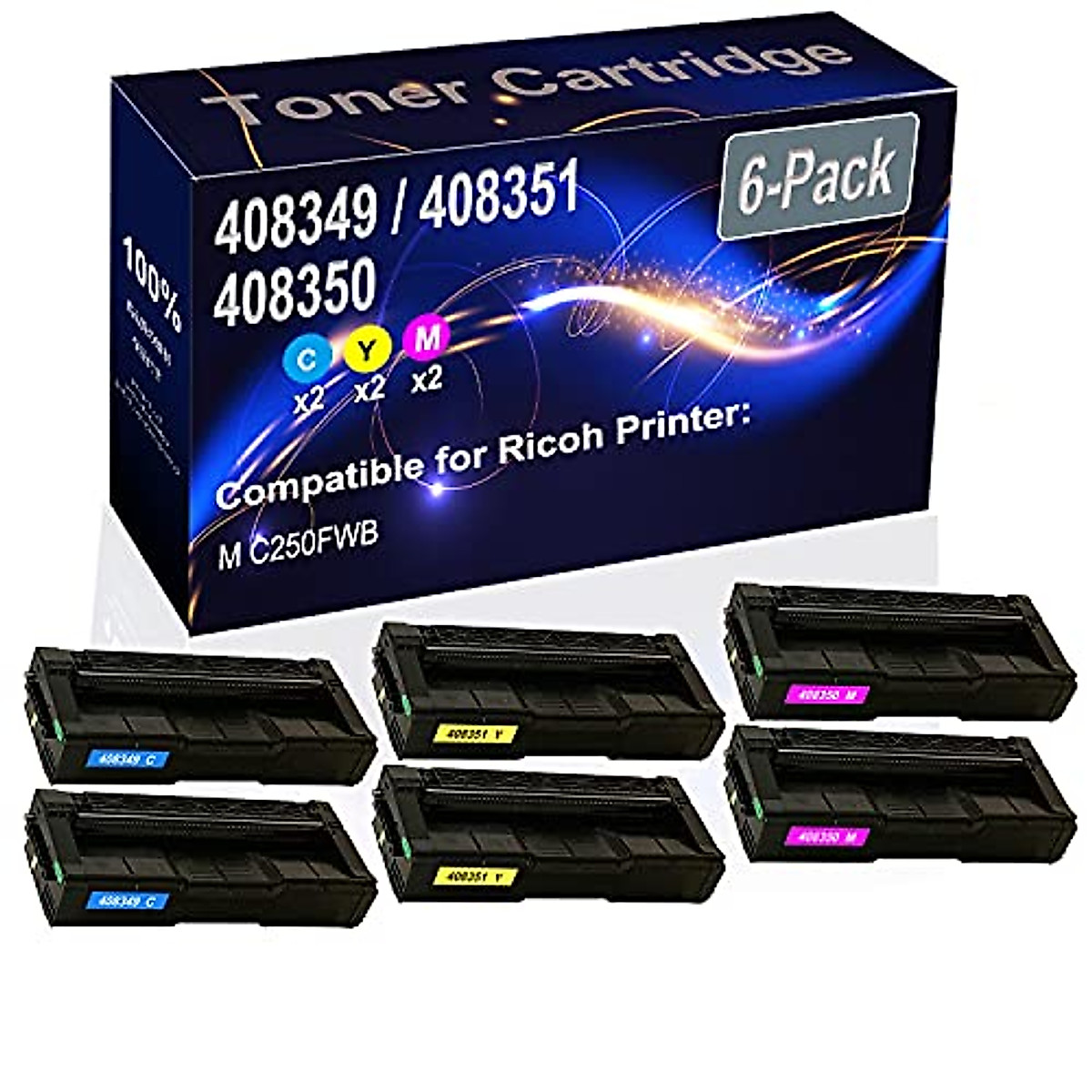 Kolasels 6-Pack (2C+2Y+2M) Compatible M C250FWB Laser Toner Cartridge (High Capacity) Replacement for Ricoh M C250 (408349 408351 408350) Printer Toner Cartridge