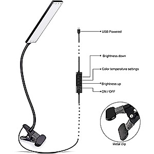 Vansuny Clip on Light LED Desk Lamp with Eye-Caring LED Light and Metal Clip, 11 Level Brightness 3 Color Modes, Power by USB Port 5W Flexible Gooseneck Reading Light for Home and Office (5W, Black)
