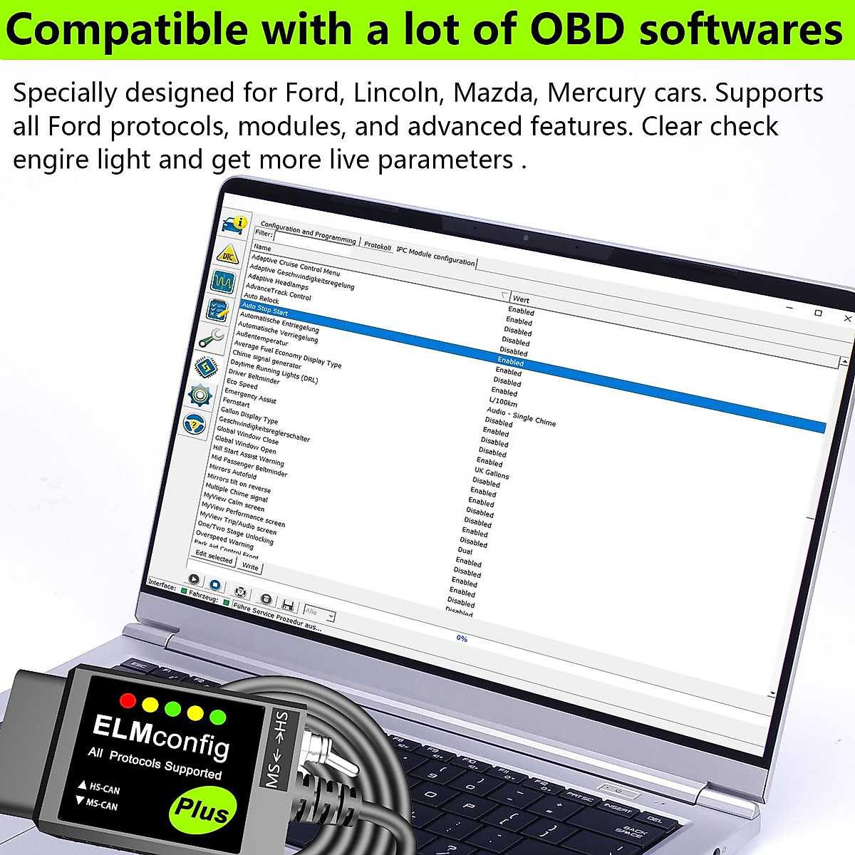 ELMconfig OBD2 to USB Cable ELM327 OBD2 Scanner Code Reader Diagnostic Tool Live Data USB to OBD2 Adapter OBD2 Adapter for Ford F150 OBDii ELM 327 OBD Interface for Laptop PC Windows