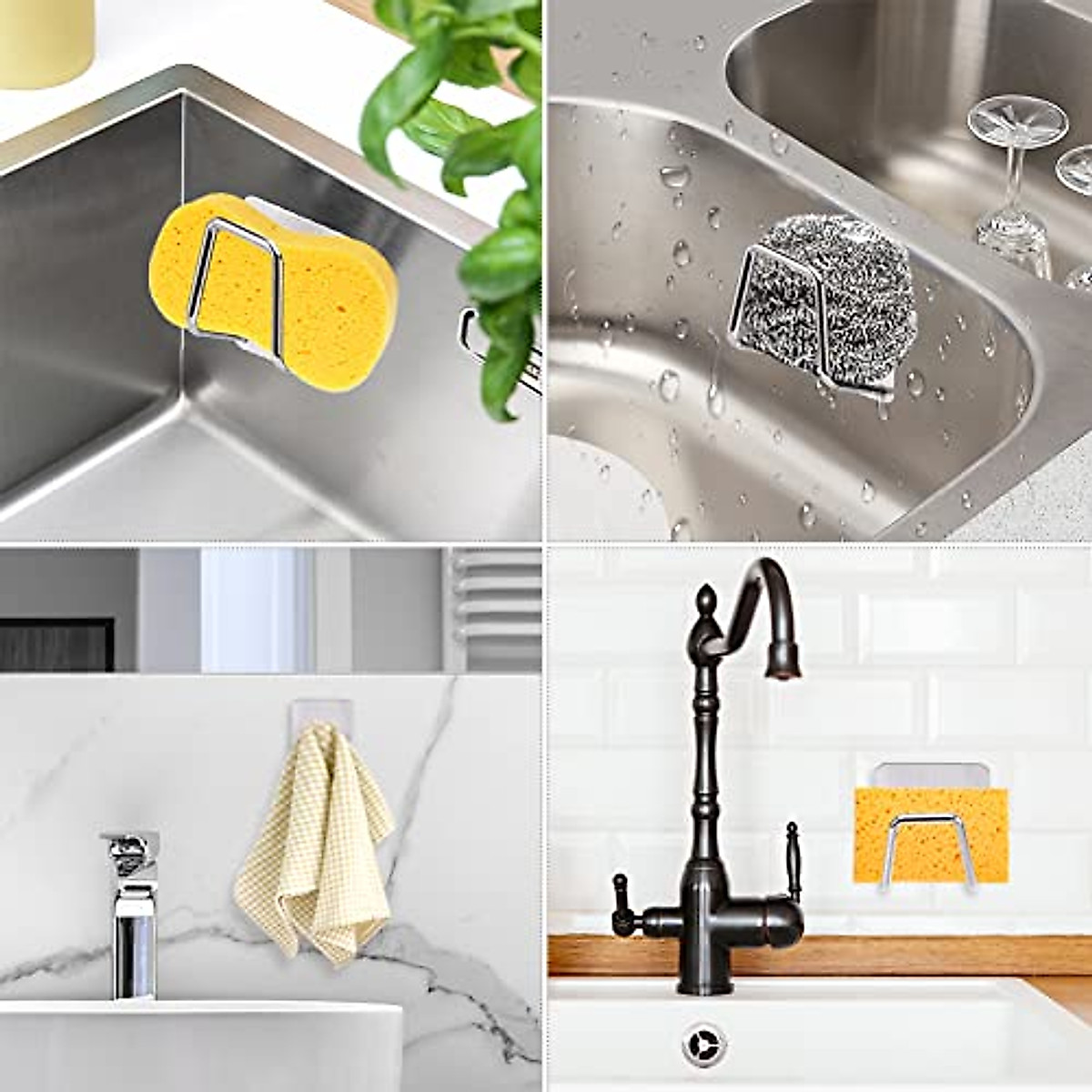 8 Pack Sponge Holder for Kitchen Sink Caddy with 1 Roll Double-sided tape Stainless Steel Strong Adhesion Strength Not Easy Shedding Rust Proof Waterproof Kitchen Sink Sponge Holder