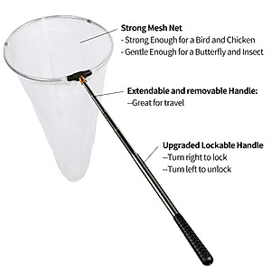RESTCLOUD Insect and Butterfly Net with 12" Ring, 24" Net Depth, Handle Extends to 59 Inches for Adults and Kids (12" Ring, 59" Handle)
