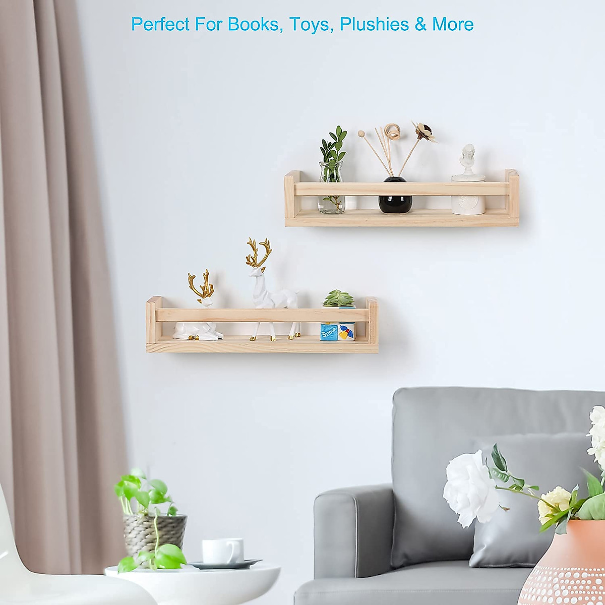 Amy Dceom Nursery Book Shelves Set of 2, Wood Floating Book Shelves for Kids Room, Rustic Baby Nursery Shelf Decor for Bedroom, Living Room (Natural)