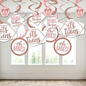 Big Dot of Happiness It’s Twin Girls - Pink and Rose Gold Twins Baby Shower Hanging Decor - Party Decoration Swirls - Set of 40