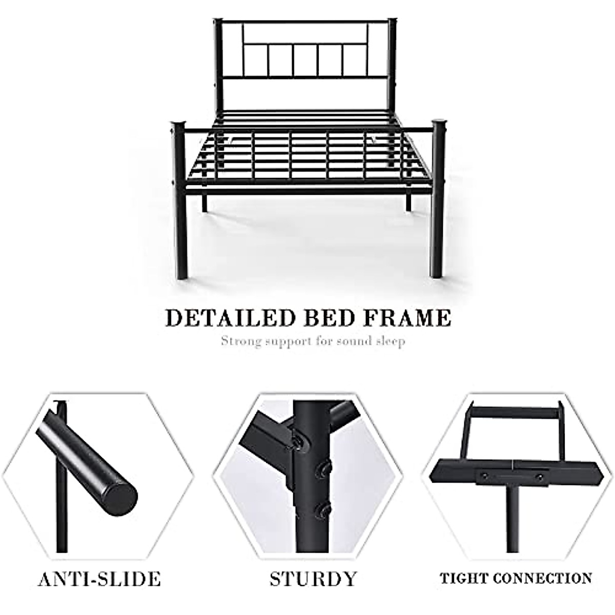 Twin Bed Frames, 14 Inch Twin Size Bed Frame for Kids with Headboard, Heavy Duty Steel Slat Twin Metal Bed Frames, No Box Spring Needed, Mattress Foundation, Anti-Slip, Easy Assembly, Black