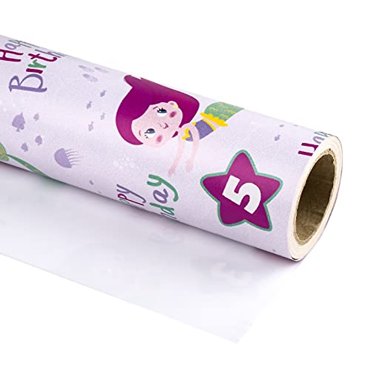 WRAPAHOLIC 5th Birthday Wrapping Paper - Mini Roll - 17 Inch X 16.5 Feet - Adorable Mermaid and Happy Birthday Lettering Design for Party, Baby Shower
