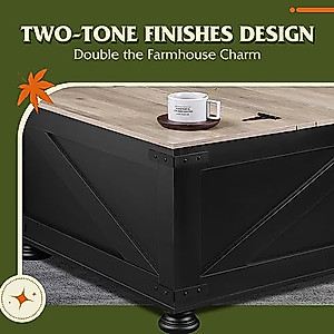 WLIVE Farmhouse Coffee Table,Square Wood Lift Top Coffee Table with Storage,Center Table for Living Room,Home Office,Black and Grey Oak