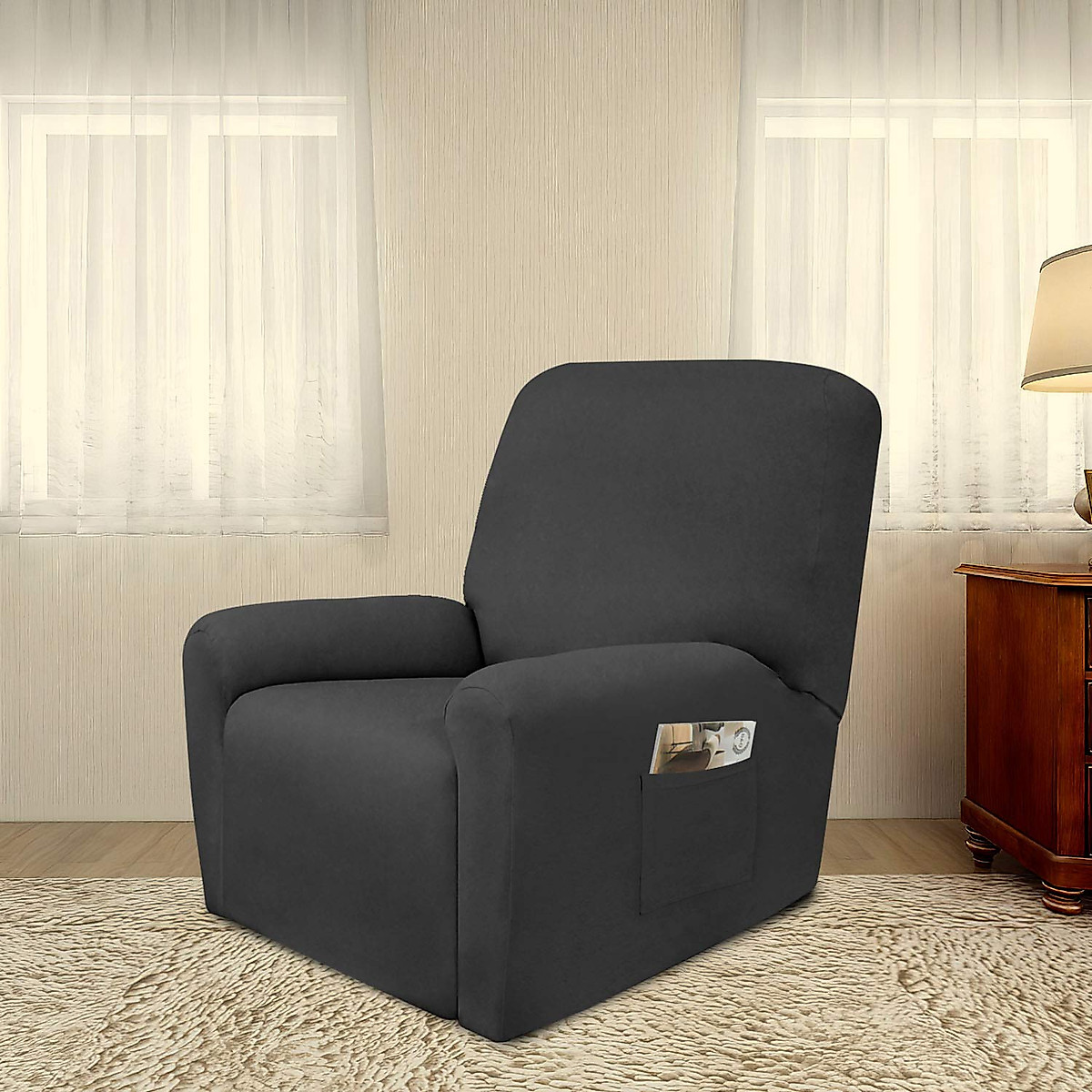 PureFit Super Stretch Chair Sofa Slipcover with Pocket – Spandex Non Slip Soft Couch Sofa Cover, Washable Furniture Protector with Elastic Bottom for Kids, Pets （Recliner, Dark Gray）