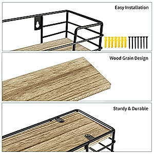 POTEY Floating Wall Shelves, Natural Wood Wire Frame Hanging Shelves for Bathroom, Living Room, Bedroom, Kitchen 3 Sets Light Brown