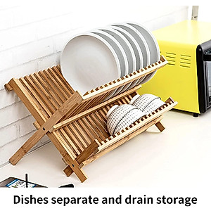 Senich Foldable Bamboo Dish Drying Rack with Utensil Holder, 2-Tier Bamboo Cutlery Plate Rack for Countertop, Wooden Plate Rack, 100% Natural Bamboo, Suitable for Kitchen Counter