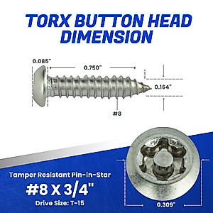 Fastenere Torx Security Sheet Metal Screws - #8 x 3/4" (25-Pack) Button Head, Tamper-Resistant, Anti Theft Stainless Steel Screws for Higher Level of Safety & Secure Fastening Solution