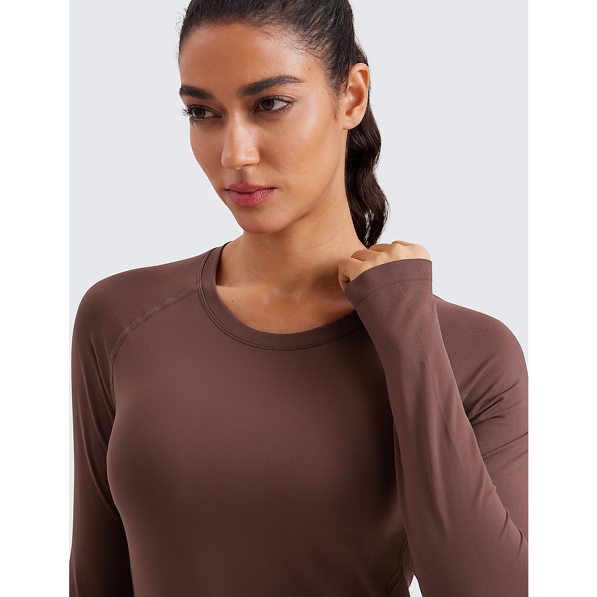 CRZ YOGA Womens Seamless Workout Long Sleeve Shirts Quick Dry Gym Athletic Tops Breathable Running Yoga T-Shirts Taupe Medium