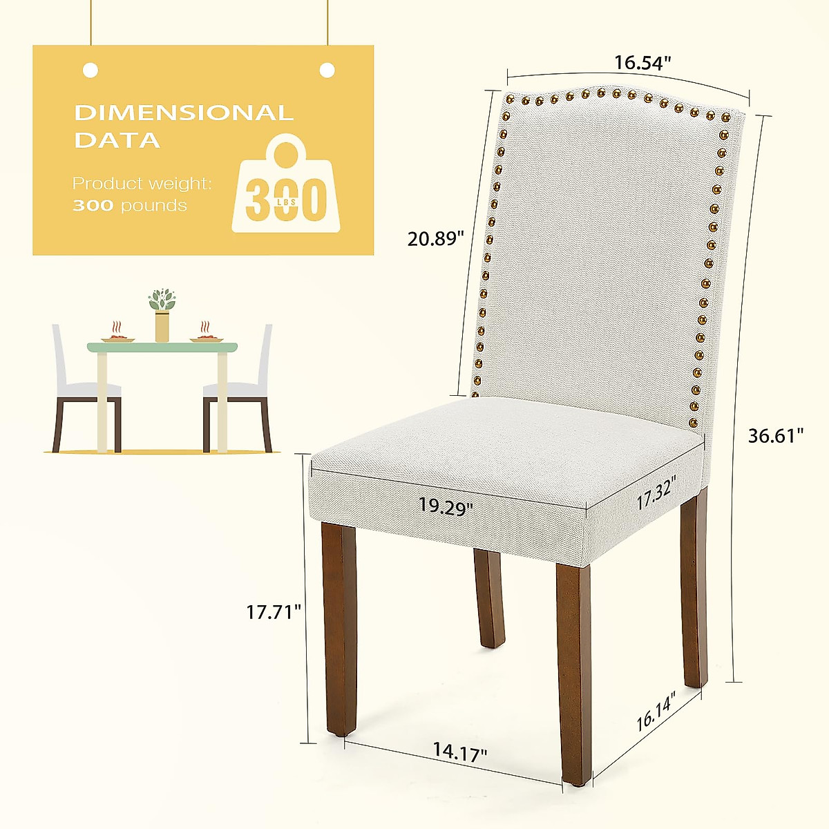 DUMOS Upholstered Dining Chairs Set of 2, Modern Fabric Dining Room Chair with Nailhead Trim and Wood Legs, Mid-Century Accent for Living Room, Kitchen, Beige