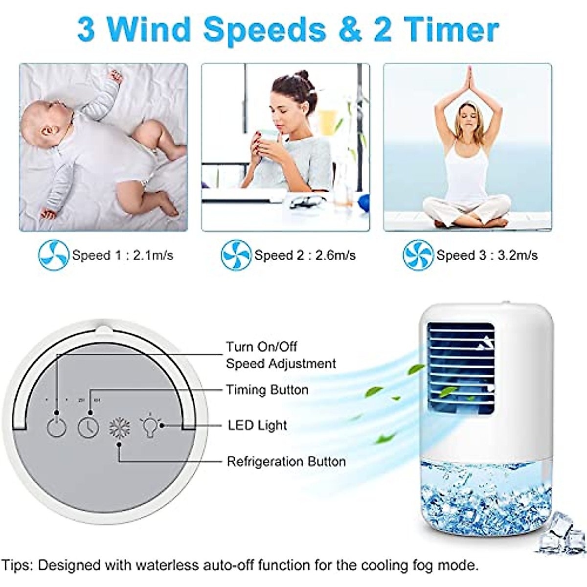 Qinmay Portable Air Conditioner Touch Screen with 7 Colors Night Light, 16.90oz (500ml) Water Tank Capacity, Personal Space Timed Air Cooler Humidifier Misting Fan for Office Room, White