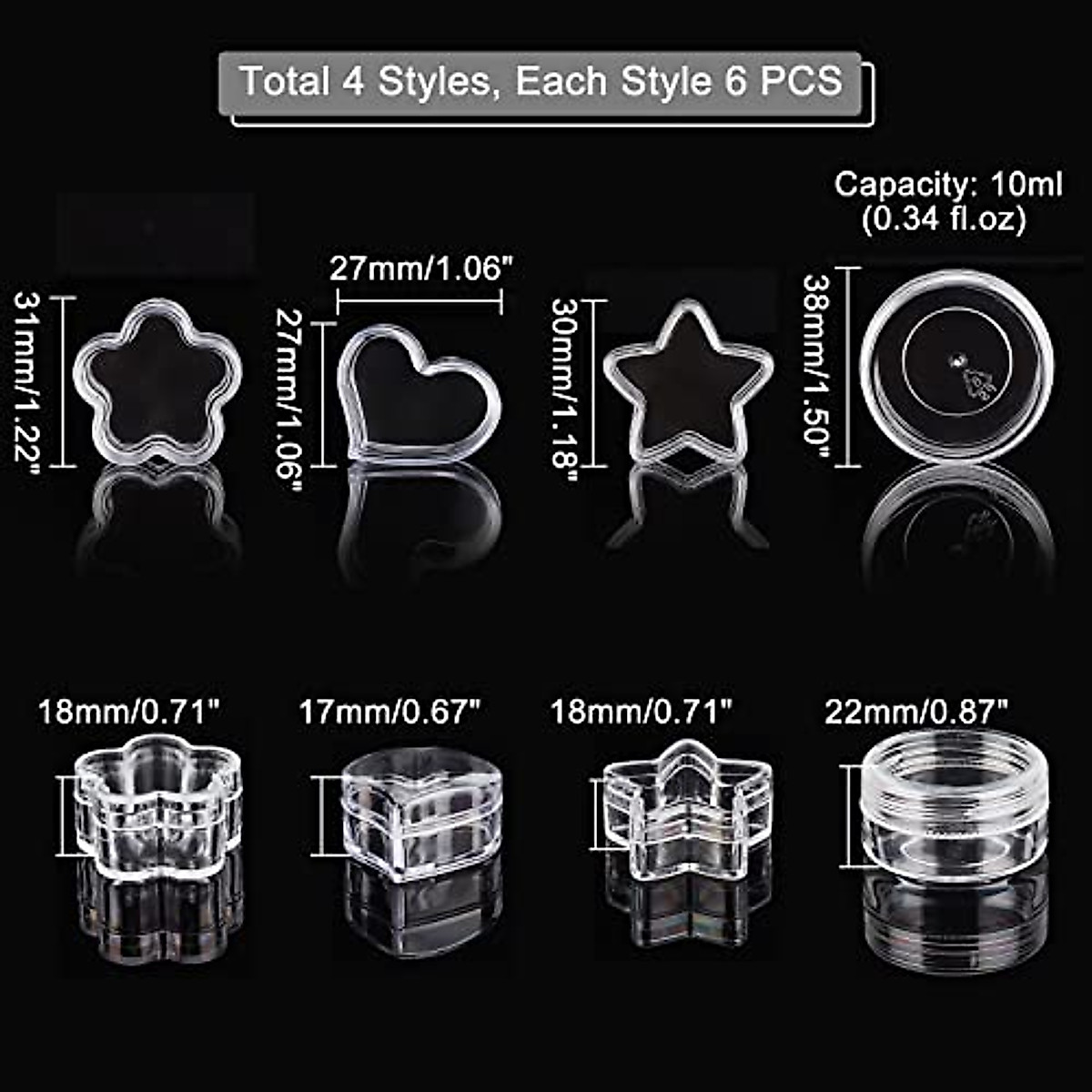 PH PandaHall 24pcs Plastic Containers 4 Style Clear Containers Heart Flower Round Star Beads Storage Containers 0.34 Fl Cosmetic Makeup Pot Jars for Clip Craft Jewelry Small Items Hardware