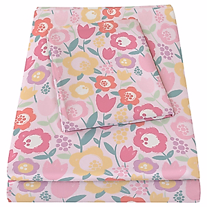Bedmoon Girls Twin Sheets, Kids Pink Floral Bed Sheet Set with Non-Slip Fitted Sheet, Girls Soft Flower Microfiber Twin Sheets & Pillowcases