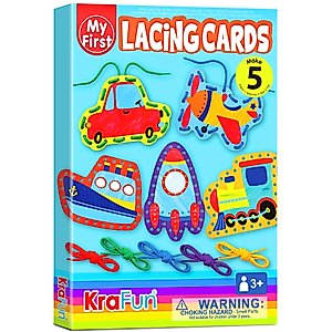 KRAFUN Preschool Beginner First Lacing Card Kit for Kids Training Arts & Crafts, 5 Easy Transport and Cars Lacing Projects, Lacing Cards for Toddlers, Fine Motor Skills Toys