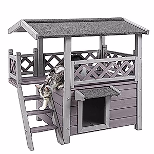 Cat House with Door for Feral Cats, Rainproof Outside Kitty House, 2 Story Wooden Kitten Condo with Stairs (AIR09-BS)