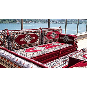 Maroon L Shaped Futon Sofa Bed, Corner Floor Couch, Sectional Sofas, Yoga Sofa Sets, Handmade Living Room Furniture, Sofa Covers (L Sofa + Rug + Poufs)