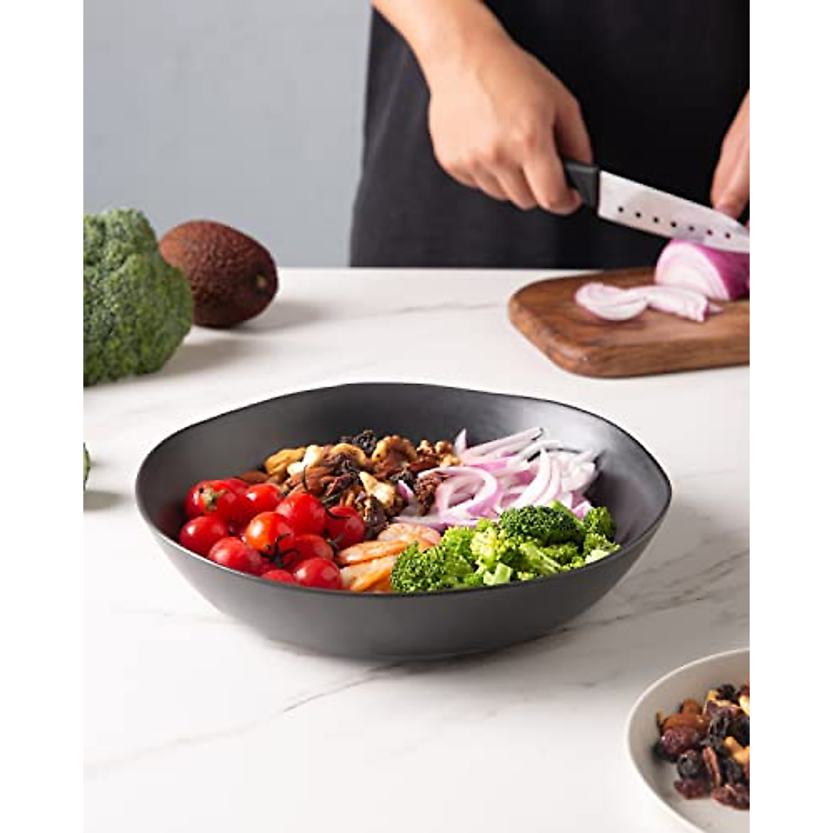 AmorArc 9.75 inch Stoneware Flat Pasta Bowls, 38oz Large Wide Bowls Set of 4 for Kitchen, Microwave Safe Bowls with Wavy Rim for Pasta Salad, Matte Black