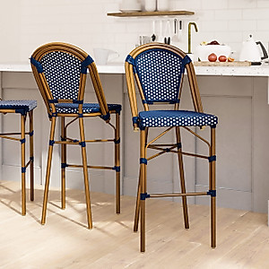 EMMA + OLIVER Soie Bistro Bar Stool - Stacking Indoor/Outdoor PE Rattan Bar Stool with Bamboo Finish Frame - 30" High - Set of Two - Navy/White