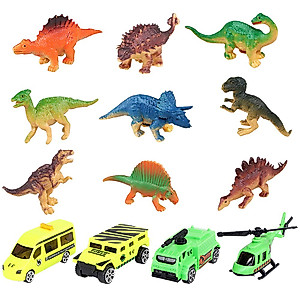 SUPREX 16 Inch Dinosaur Transport Truck Carrier Toy 14 Piece, 9 Educational Realistic Dinosaur Figures, 3 Matchbox Cars, 1 Helicopter, Dinosaur Toy for Boys, Gift for Kids Children Girls Ages 3+