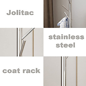 Jolitac Metal Coat Rack Stand Satin Steel Finish Stable Marble Base, High-Grade with Hooks Metal Tree Hat & Coat Hanger Floor Free Standing Wall Bedroom Easy Assembly (Satin Steel)