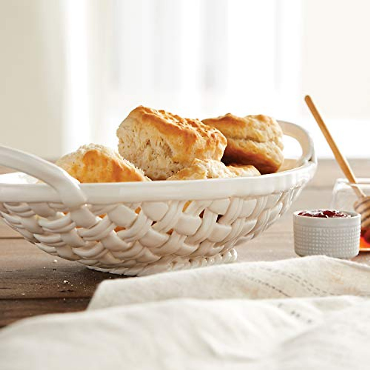 DEMDACO Bread Basket White 15 x 8 Ceramic Earthenware Decorative Bowl With Towel