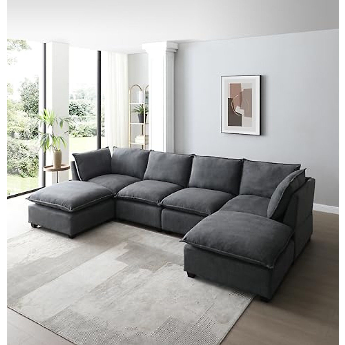 U Shaped Convertible Modular Sectional Sofa with Movable Ottomans and Solid Wood Legs , Free Combination Reversible Corner Couch , 6 Seater Oversized Upholstered Sleeper Sofabed for Living Room Office