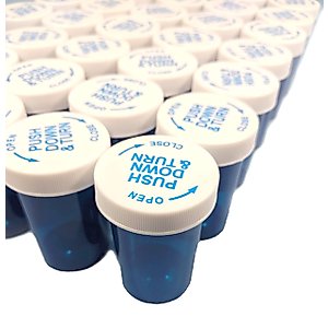 Blue Vials 8,13,16,20,30,40 & 60 Dram Sizes - Child Resistant Prescription Bottles (20 Dram/100 Units)