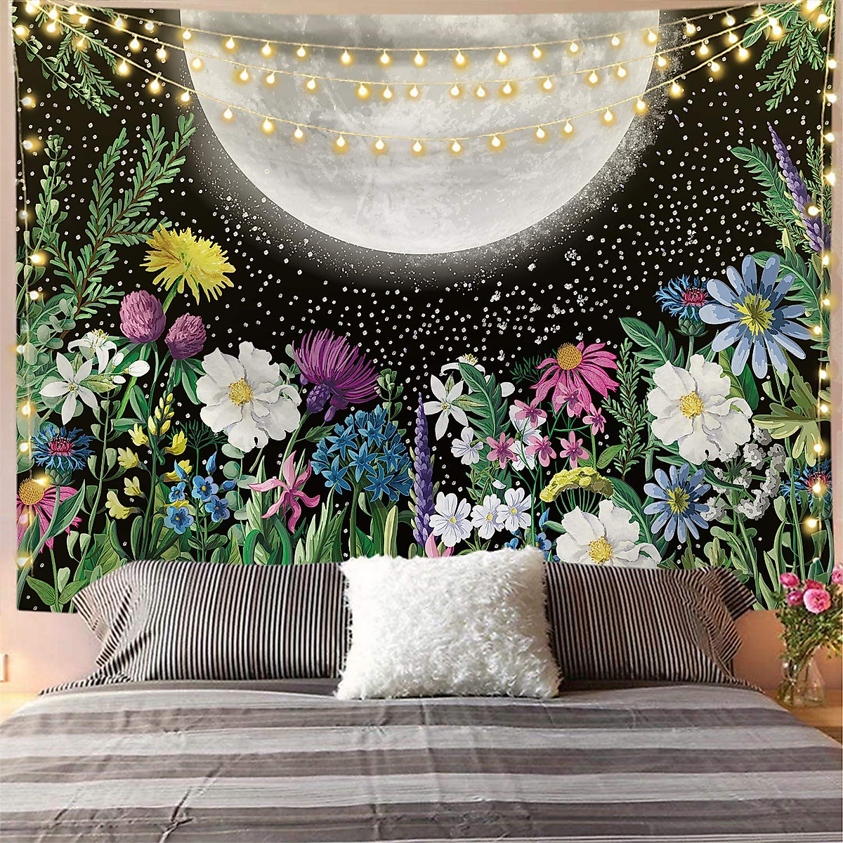 mchatte Moonlit Garden Tapestry Moon Tapestry for Bedroom Full Moon Surrounded By Plants and Flowers Black Room Decor Aesthetic Floral Moon Wall Tapestry for Teenager's Home Decor (82.7x59 Inches)