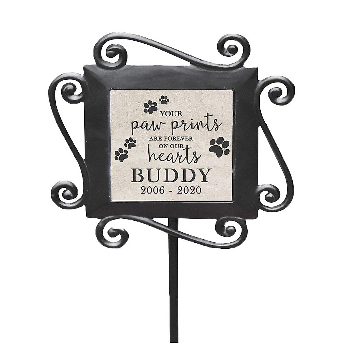GiftsForYouNow Personalized Paw Prints On Our Hearts Garden Stake 28” by 8.5”, Wrought Iron Stake with Decorated Ceramic Tile, Yard Garden Stake, in Memory of Garden Stake