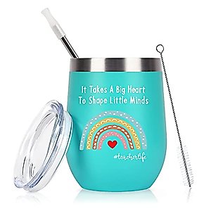 LiqCool Teacher Appreciation Gifts, It Takes a Big Heart to Shape Little Minds Wine Tumbler, Thank You Teacher Gifts for Women, Teacher Tumbler for Christmas Mothers Day Birthday (12oz, Mint)