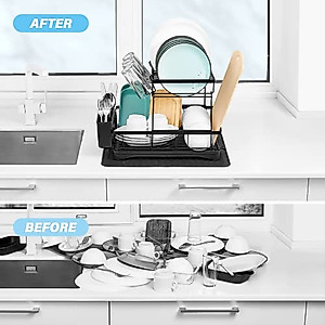 Epsy Large Kitchen 2 Tier Dish Drying Rack and Drainboard Set - Kitchen Sink Organizer and Dish Drainers for Kitchen Counter - Stainless Steel Drying Dish Rack - Black Dish Drainer with Utensil Holder