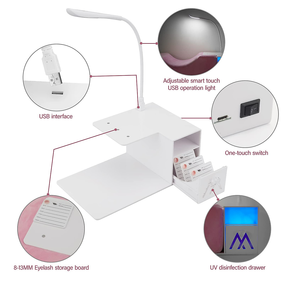 Roury Eyelash Extension Neck Pillow with Light, Pillow Shelf, Eyelash Pillow Make Up Eyelash Extension Pillow with Shelf Organizer Stand, Beauty Salon Pillow (Pink)